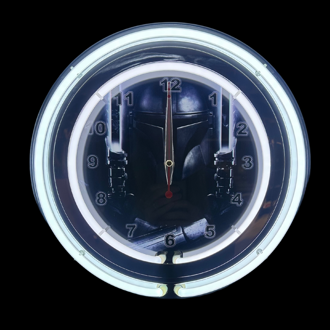 Mandalorian 15" Chrome Case White Neon – Man Cave Clocks